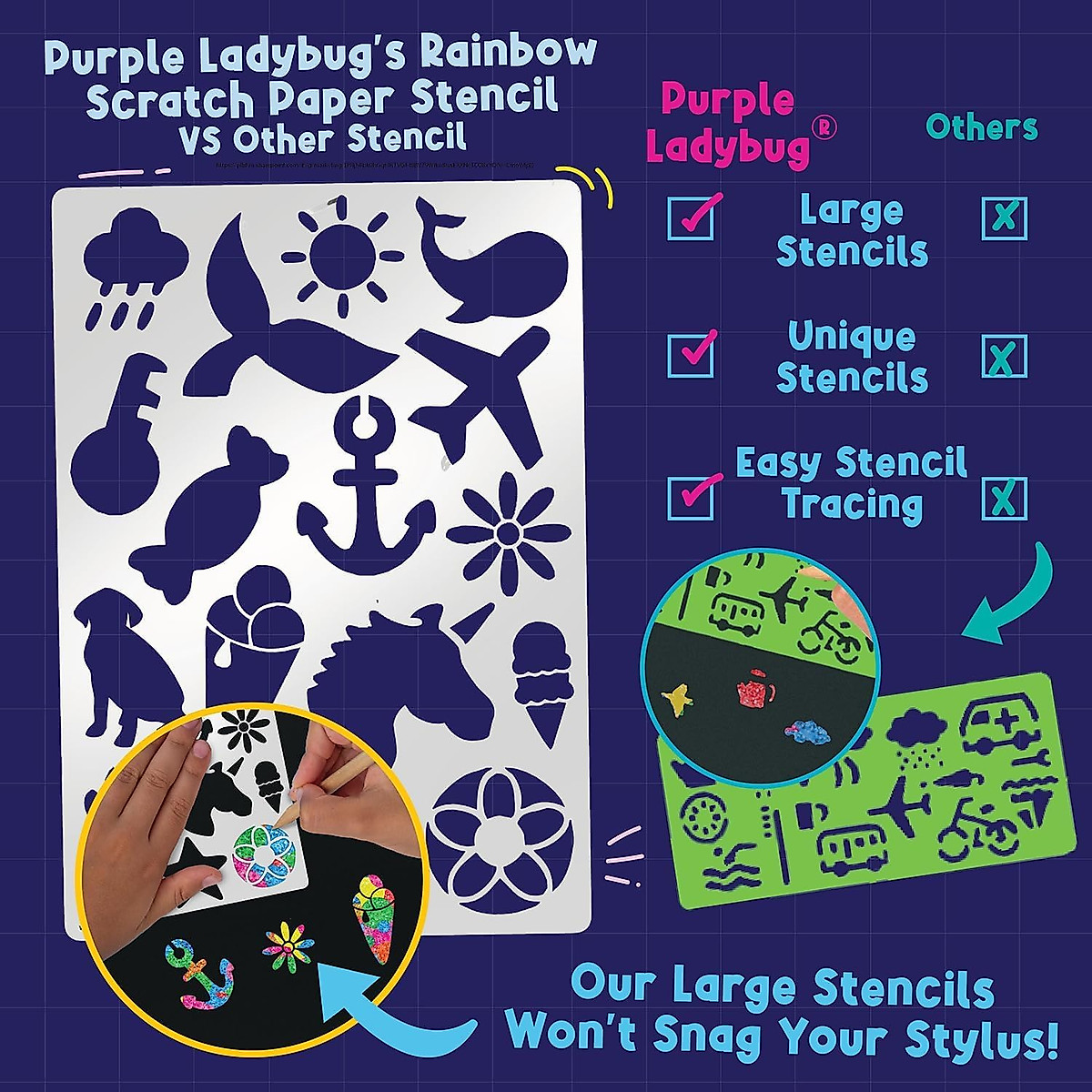 PURPLE LADYBUG 20 Pages Big Rainbow Scratch Paper Notepad for Kids - Ideal 4 5 6 7 8 9 10 11 12 Year Old Gift for Girls & Boys, Airplane Car Travel Activities for Kids Ages 4-8 & Up