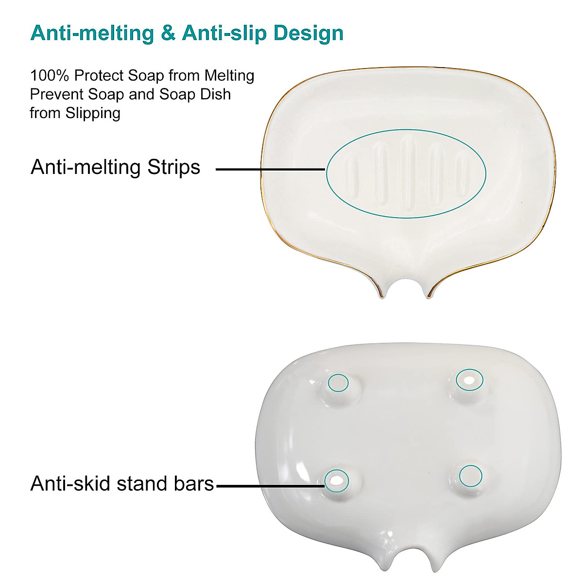 Polyroyal White Soap Dish Ceramic Self Draining Soap Dish Waterfall Slot Gold Edge Bathroom Accessories for Bathroom, Kitchen,Bar Counter