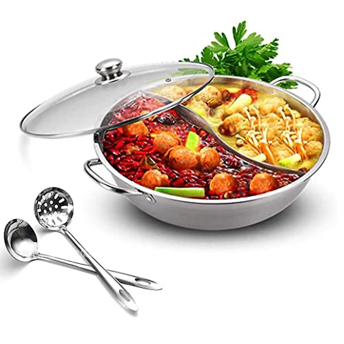 Shabu Shabu Hot Pot. 304 Premium Stainless Steel Hot Plate Cookware Set Ramen Cooker, Hot Pot Soup Base Korean BBQ Multi Cooker Stainless Steel Pot Set, 11"(30cm) Pot with Divider