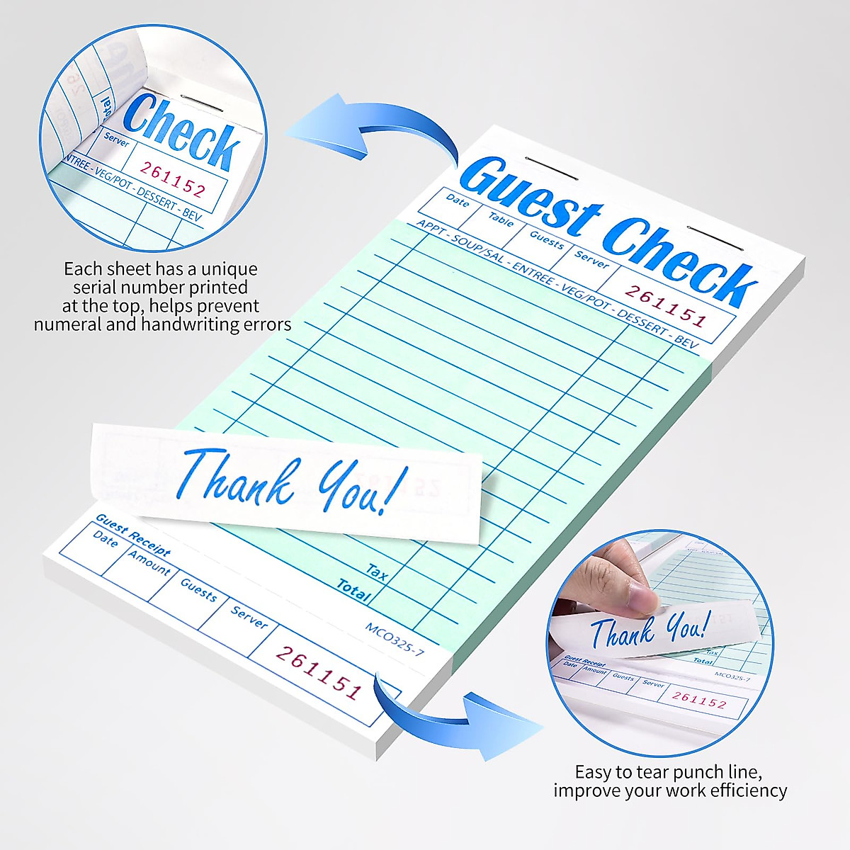 Darcvds 5 Pack Guest Check Books, Server Note Pads for Restaurant, Green Waiter Checkbook, Waitress Notepad, Food Receipt Book, Restaurant Order Pad 50 Sheets/Pack, 250 Total Tickets