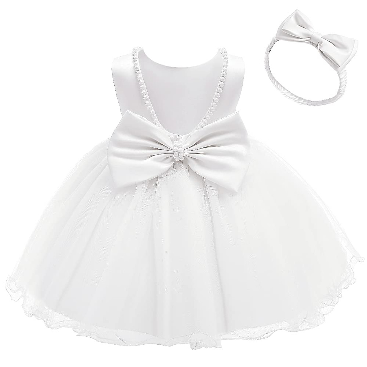 NSSMWTTC Baby Infant Girls Easter Dress Toddler Tutu Gown Ruffles Christmas Formal Party Dresses with Headwear (White,70)