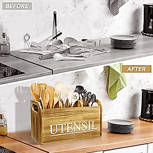 brekle Rustic Kitchen Utensil Holder Larger Wooden Utensil Holder for Kitchen Counter 3 Compartment for Efficient Utensil Organizer and Cooking Tools Storage