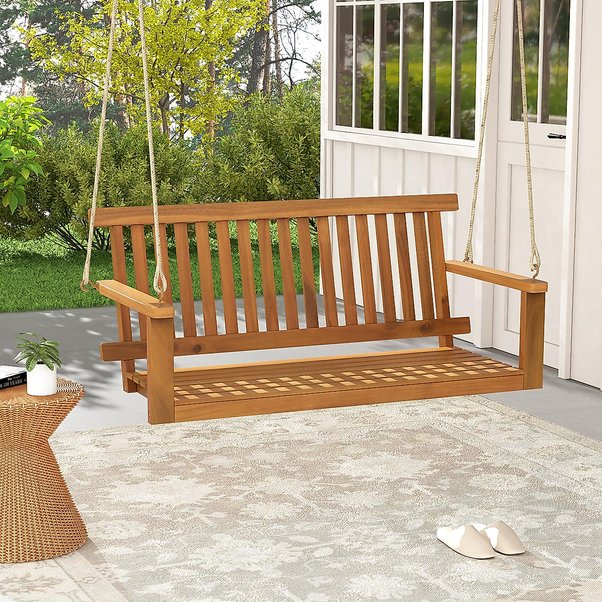 Tangkula 2 Person Hanging Porch Swing, Wooden Patio Swing with 2 Hanging Hemp Ropes, Slatted Seat & Back, 800Lbs Acacia Wood Outdoor Swing Bench for Backyard Deck Garden