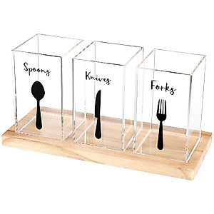Meanplan Acrylic Utensil Organizer for Countertop Clear Silverware Caddy Countertop Spoon and Fork Holder Flatware Caddy Cutlery Holder with Wooden Tray for Kitchen Storage, Dining Room (Rectangle)