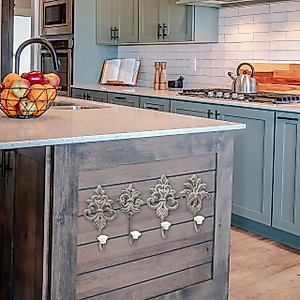 Chateaux Fleur De Lis Wall Hooks, Set of 4, Shabby Distressed Finish, French Country Style, Rustic Bronze, Rubbed White Patina, Cast Iron, Vintage Inspired, Porcelain Caps, Each 6 Inches Tall