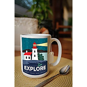 Sandy Hook, New Jersey, Go Explore, Lighthouse, Vector Style (15oz White Ceramic Coffee and Tea Mug, Dishwasher and Microwave Safe)