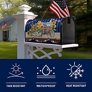 Dacawin Summer Sunflower Magnetic Mailbox Covers Blue Floral Patriotic American Flag Mailbox Post Cover July 4th Flower Mailbox Decor Waterproof Mailbox Wraps Standard Size 21X18 Inch