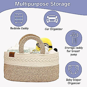 Mojoohouse Baby Diaper Caddy, Nursery Storage Bin and Car Organizer for Diapers and Baby Wipes, Cotton Rope Diaper Basket Caddy, Changing Table Diaper Storage Caddy Baby Gift Baskets, (WHITE-BROWN)