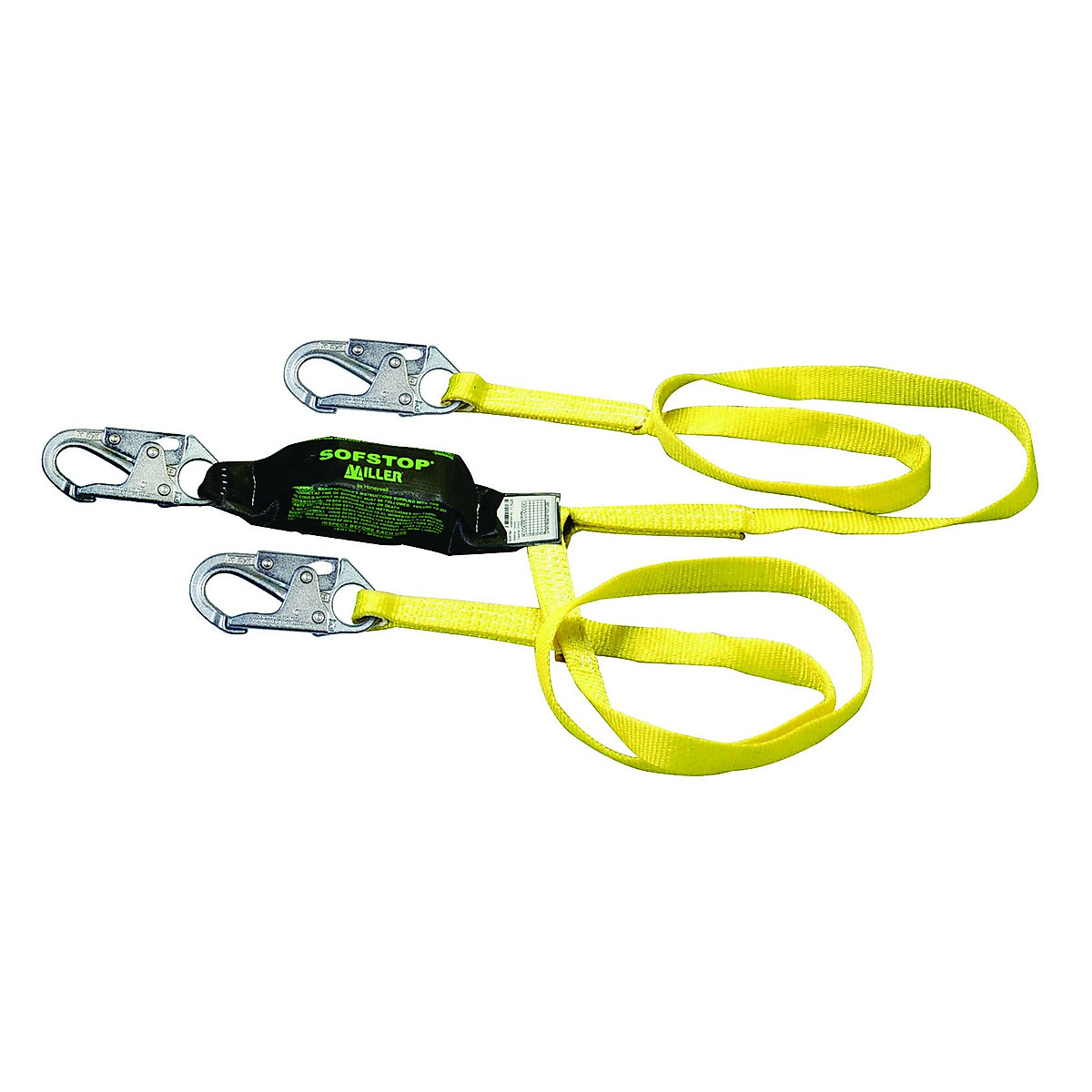 Miller Honeywell 8798-Z7/6FTYL Miller Lanyard with SofStop Shock-Absorber, Web Shock-Absorbing Lanyard with 6' double leg; 3 locking snap hooks