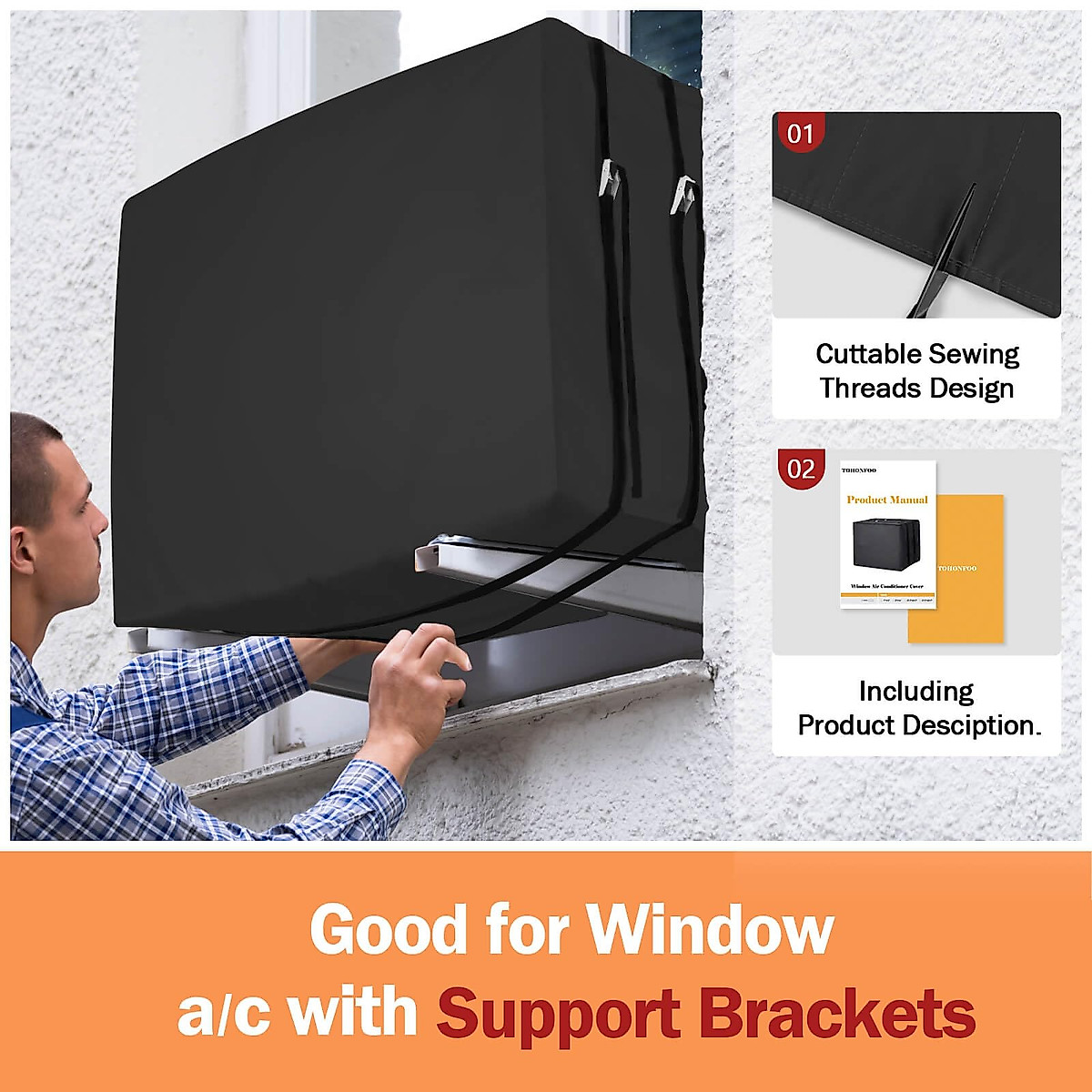 TOHONFOO Winter Window Air Conditioner Insulation Cover Outside, Window AC Covers with 3 Layers, Waterproof & Dust-Proof AC Cover for Window Unit, 21"Lx15"Hx16"D - Black