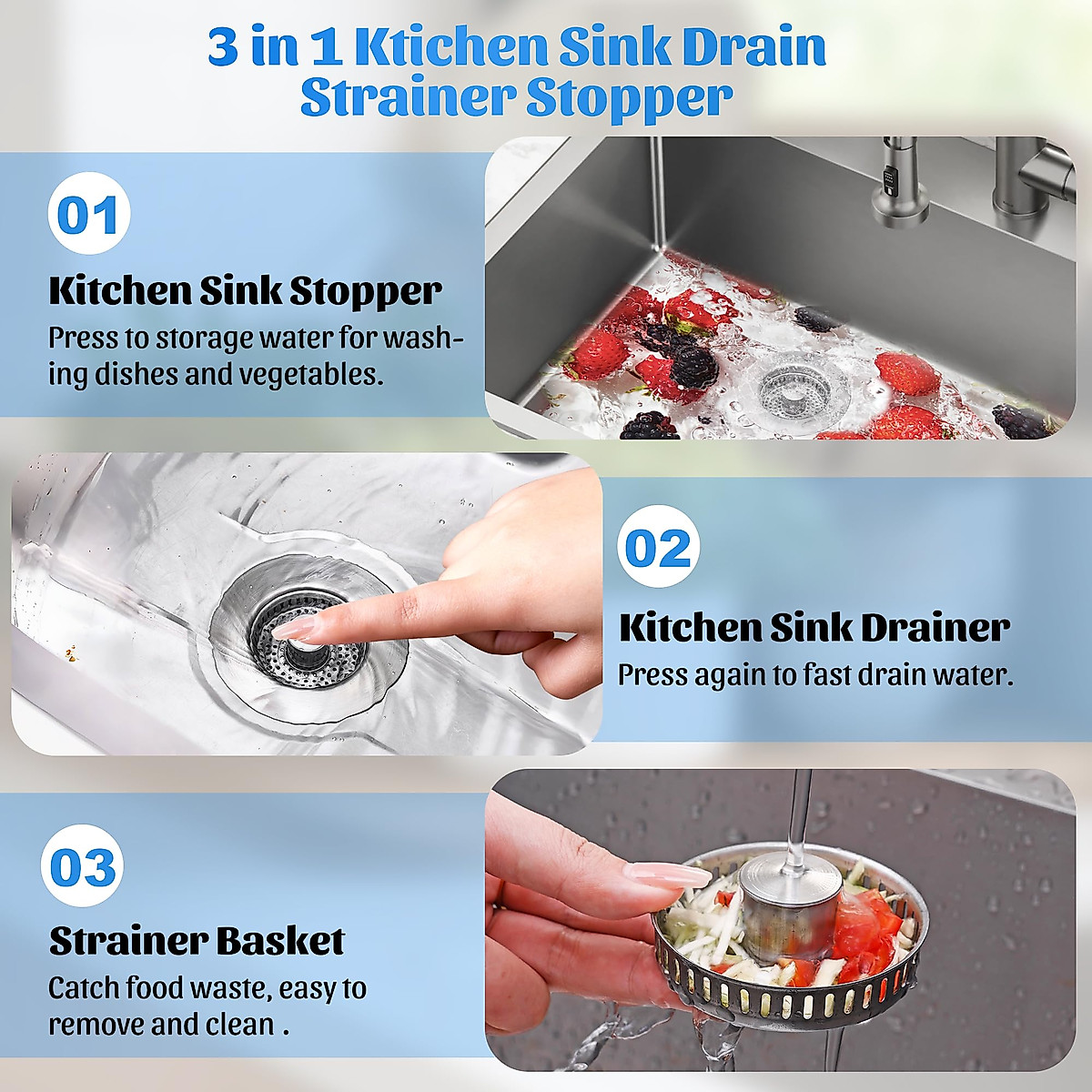 NinjaTiger Kitchen Sink Drain Strainer - 2 Pack 3-in-1 Stainless Steel Pop Up Sink Stopper Sink Strainer Basket Sink Stopper Filter Plug for US Standard 3-1/2 Inch Sink Drain | Silver- 2Pack