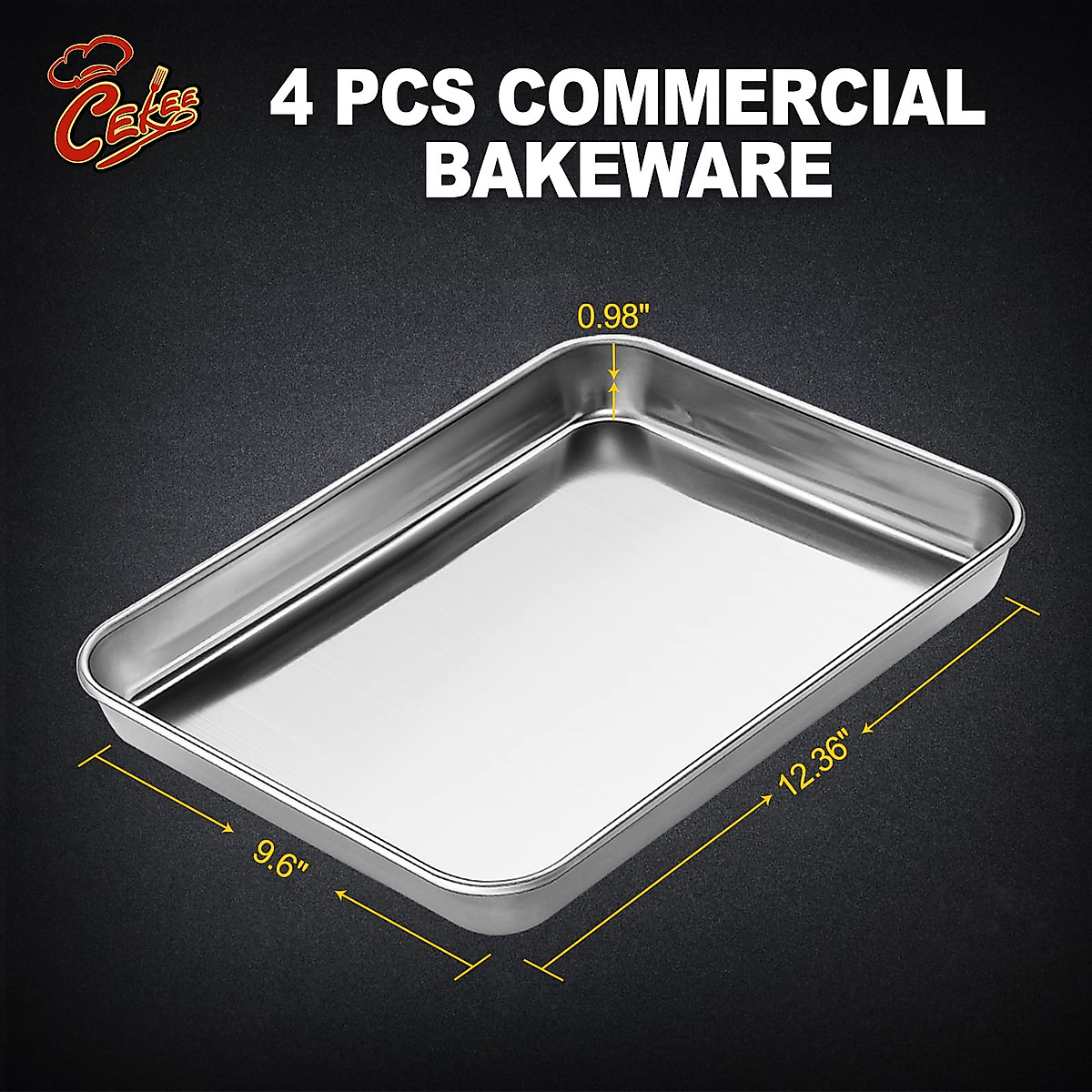 4 Pieces Quarter Sheet Pan, CEKEE Stainless Steel Cookie Sheets for Baking, Baking Sheets For Oven, Baking Pan Tray Cookie Pan, Warp Resistant & Heavy Duty Baking Pans Set - Size 12 x 10 x 0.98 Inch