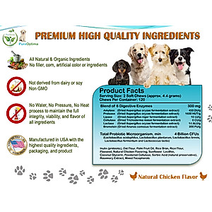 PureOptima Probiotics Chews for Dogs, Digestive Enzymes + Prebiotics Improves Digestion, Diarrhea, Constipation, Gas, Bad Breath, Leaky Gut, Allergy Immunity Daily Supplement 120 Counts