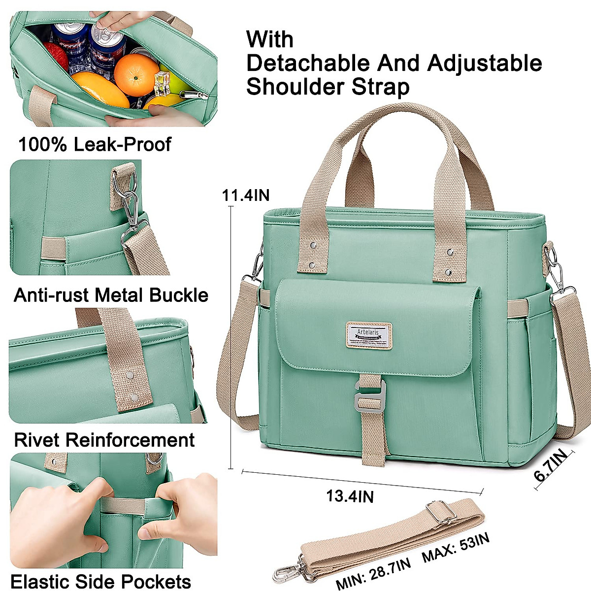 Artelaris Lunch Bag for Women, Extra Large Insulated Lunch Bag, Lunch Tote Bag for Work, Leak Proof Lunch Cooler Bag, Meal Prep Lunch Box, Pink and Green