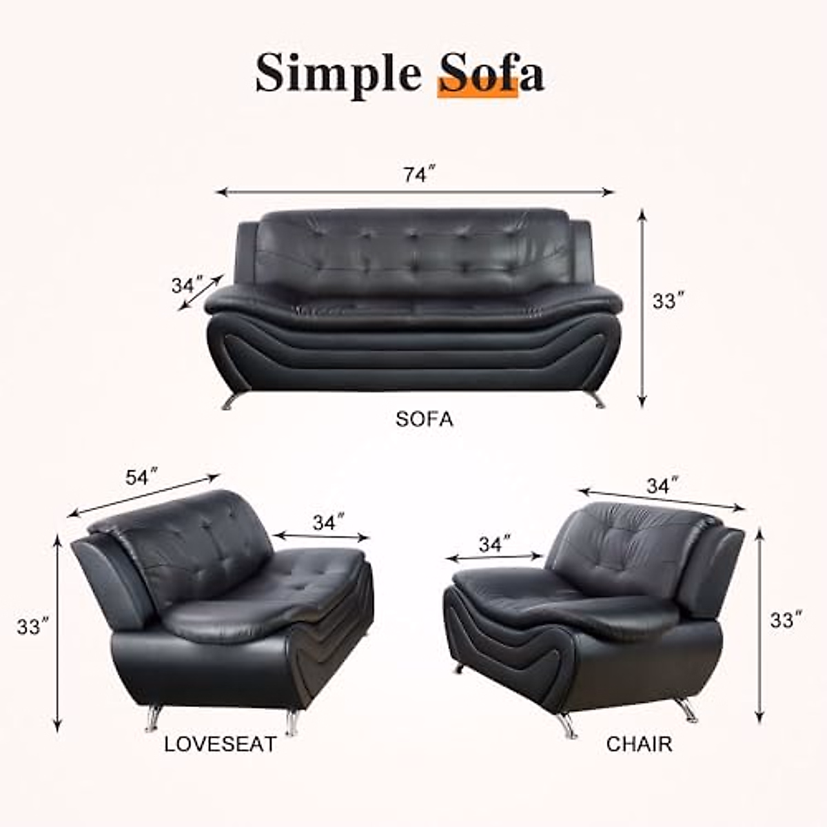 EZLUX Modern 3-Piece Faux Leather Sofa Set Living Room Furniture, with Sturdy Leg Support, Including Three-Seater Couch, Loveseat and Single Chair, Black