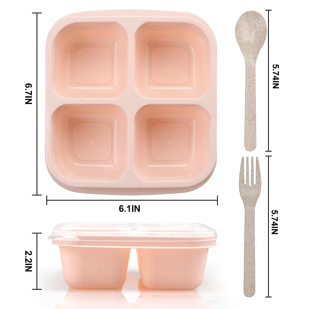 HOUPEACE Snack Containers,4 Pack Reusable Divided 4 Compartment Meal Prep Containers Snack Box Container for Snacks,Fruits,Nuts,Cookies,Candies, Pink