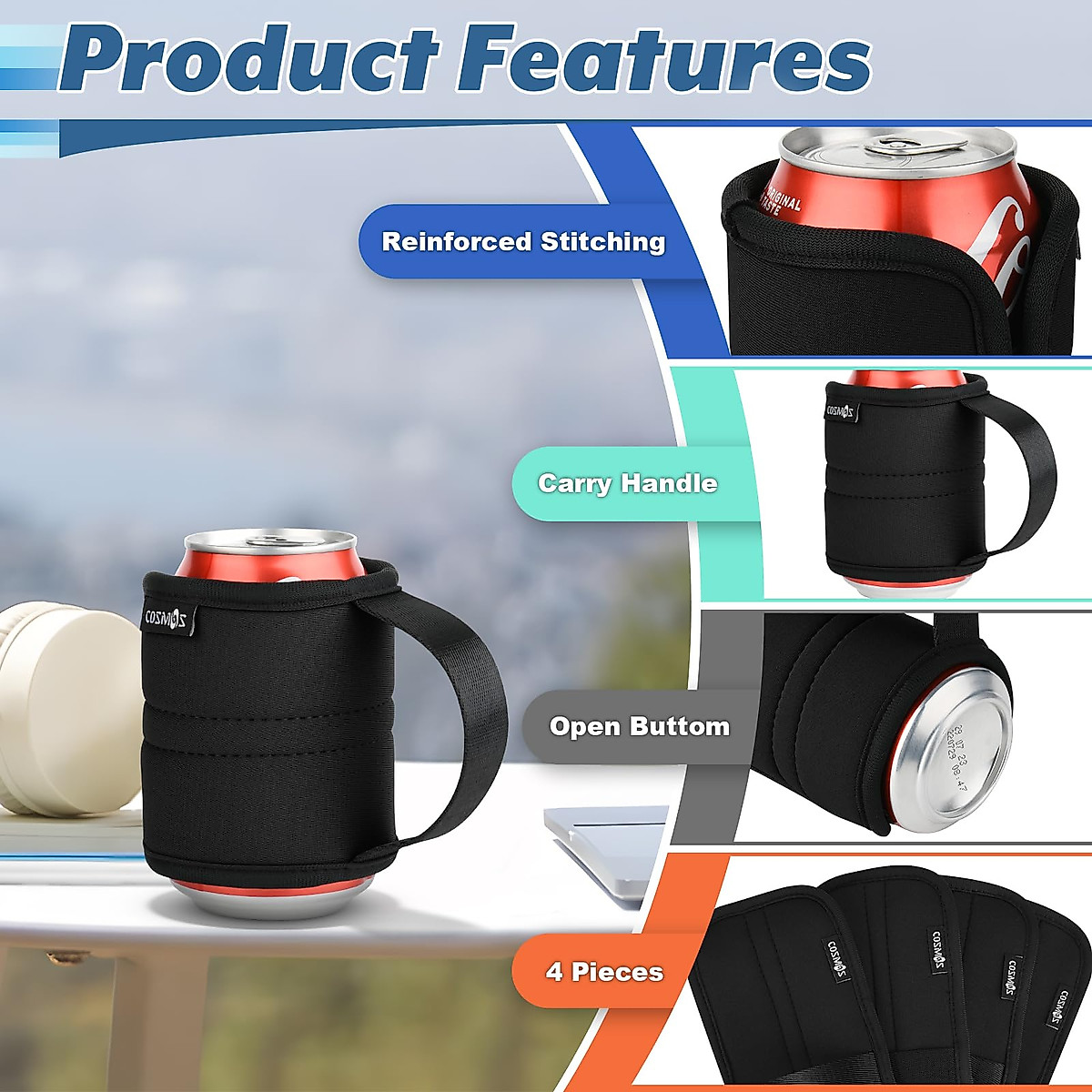 Cosmos 4 Pcs Drink Can Insulator Sleeve Neoprene Slap Wrap Can Cover Anti-Slip Insulated Can Cooler Cover Bottle Holder with Handle for 12 oz above Beverage Soda Drink Can Beer Bottle (Black (4 Pcs))