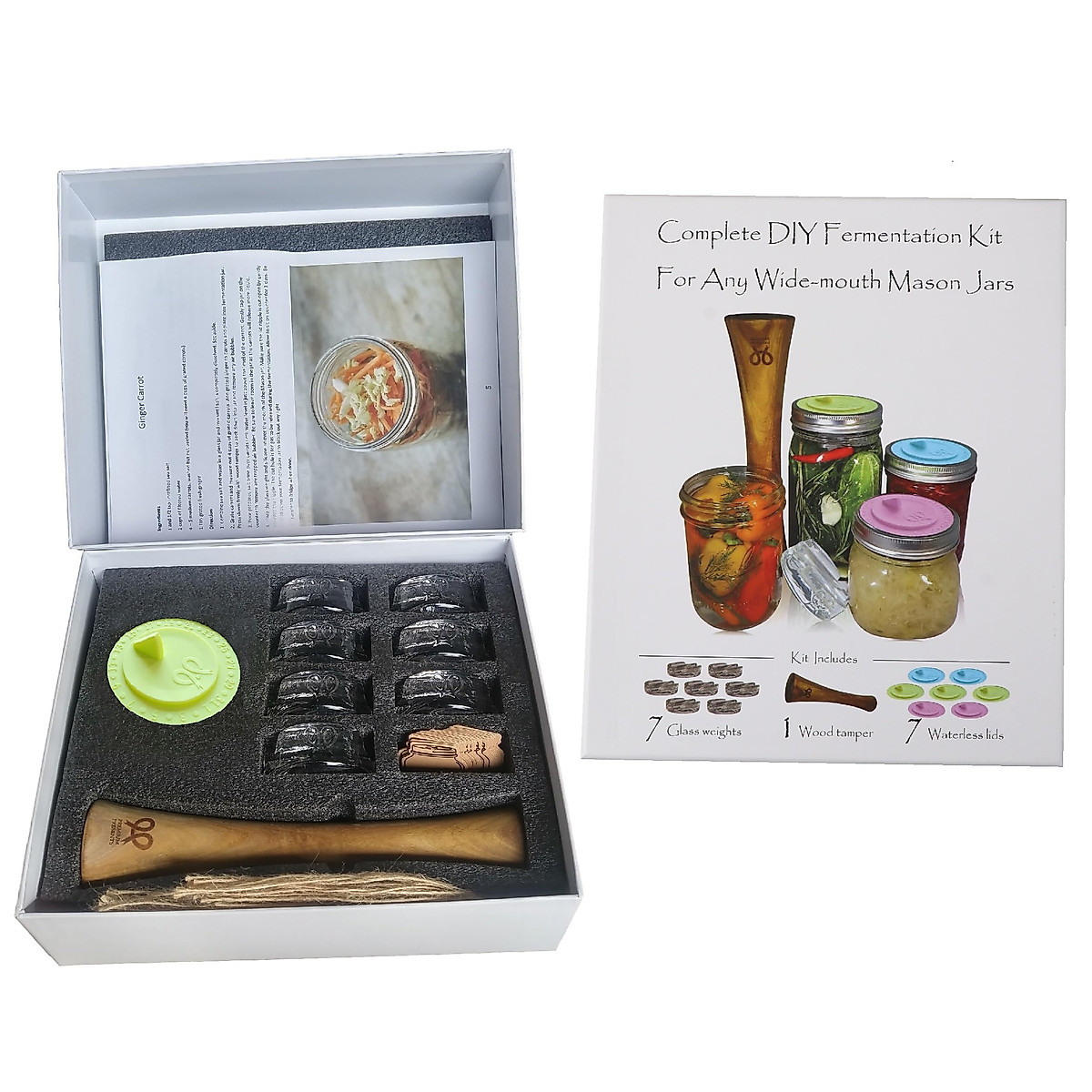 Canning kit. Complete DIY fermentation kit for wide mouth mason jars or pickling jars for 7 sets. Glass weights, tamper, airlock lids, and recipe included.