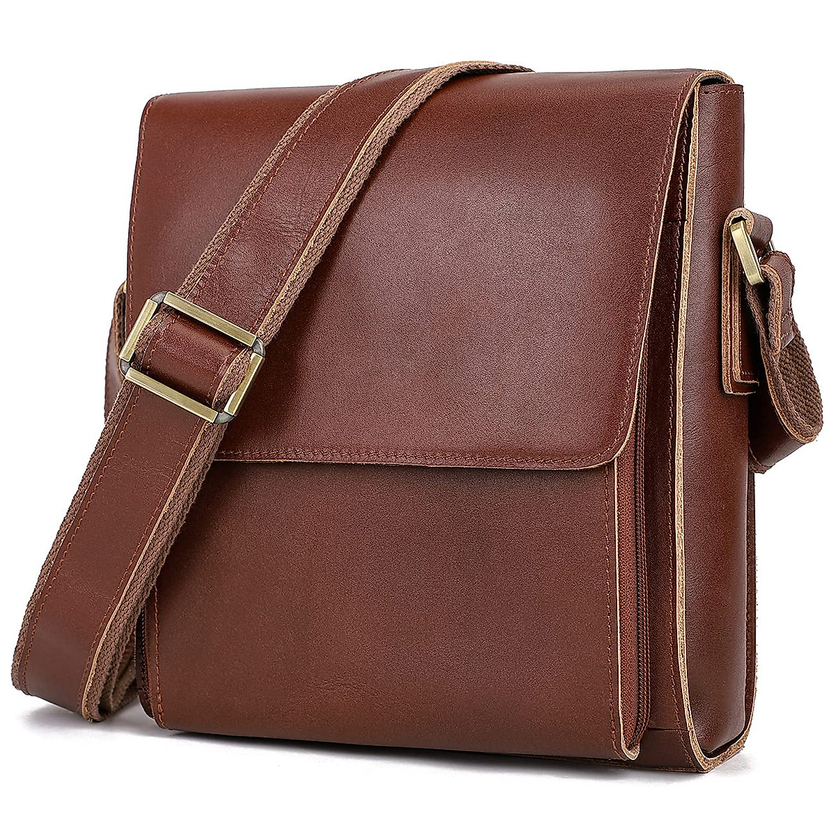 Augus Leather Messenger Shoulder Crossbody Bag for Men Work Business Vintage Magnetic Buckle Big Capacity Adjustable straps (Brown red)