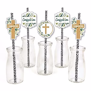 Confirmation Elegant Cross - Paper Straw Decor - Religious Party Striped Decorative Straws - Set of 24