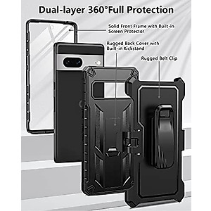FNTCASE for Google Pixel 7 Case: Built-in Screen Protector & Kickstand | Extra Front Frame | Full-Body Dual Layer Rugged Belt-Clip Holster | Military Shockproof Cell Phone Protective Cover 5G - Black