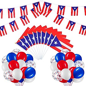 54 Pcs Puerto Rico Party Decorations Set 2 Puerto Rican Flag Banners 10 Puerto Rico Mini Hand Held Flags 40 Blue Red White Confetti Latex Balloons for Patriotic Anniversary Veterans Day