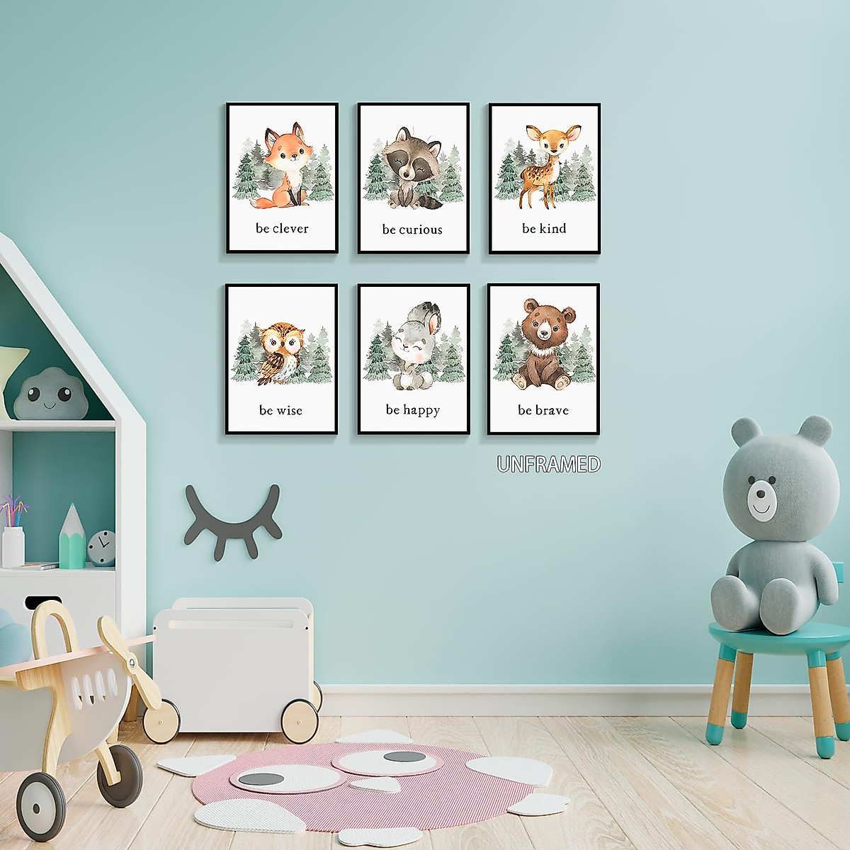 gooptyinh Woodland Nursery Animal Canvas Wall Art, 6 Piece Inspirational Forest Animals Print Posters, Motivational Quotes Cute Bear Fox Rabbit Deer Raccoon Owl Decor for Baby Bedroom 8x10in Unframed