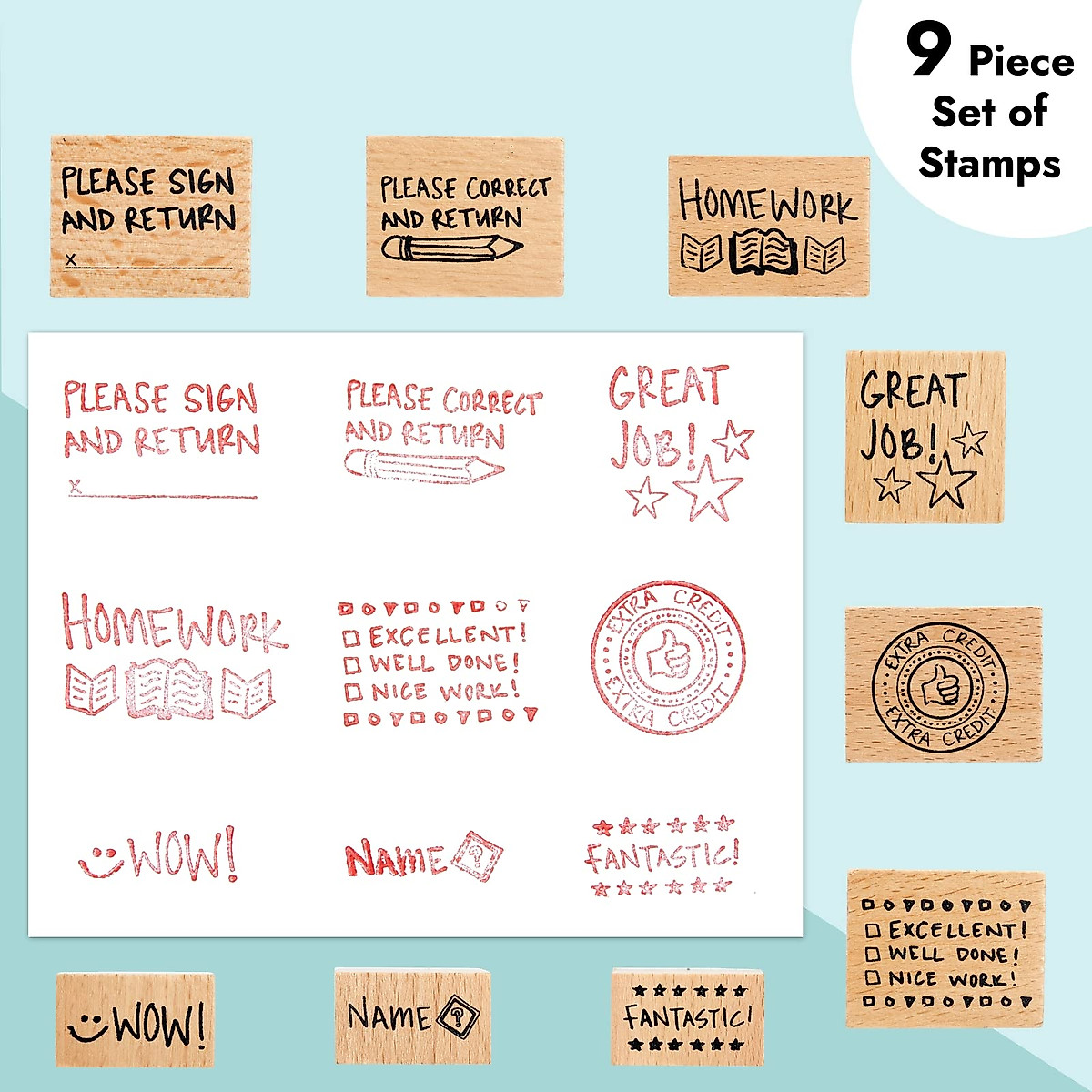 9 Piece Set of Wooden Rubber Teacher Stamps - Classroom Supplies for Grading Homework (Assorted Sizes)