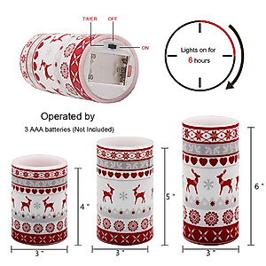 Wondise Flameless Pillar Candles Battery Operated with Timer, Real Wax LED Flickering Reindeer Decal for Christmas Home Decor, Set of 3(D3 x H4,5,6 Inch)