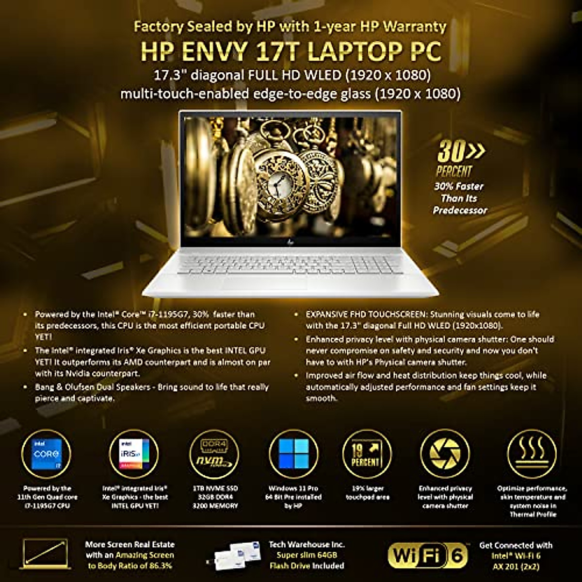 HP Envy 17T 2022 Laptop, i7-1195G7 11th gen, 32GB RAM, 1 TB NVMe SSD, 17.3" FHD Touch, Thunderbolt 4, Win 11 PRO, WiFi 6, B&O Audio, USB-A, Intel Xe Graphics, Silver, 64GB Tech Warehouse Flashdrive