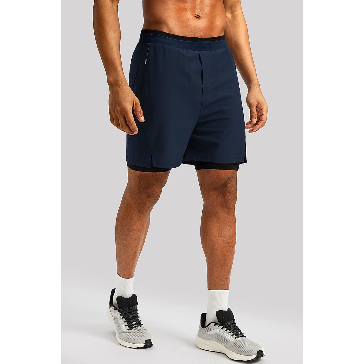 Pudolla Men's 2 in 1 Running Shorts 7" Lightweight Workout Athletic Gym Shorts for Men with Zipper Pockets(Navy Medium)