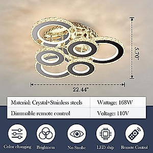 YYJLX Led Ceiling Light with Remote Control Modern 7 Rings Crystal Flush Mount Ceiling Light Fixtures 23inch 3 Color Dimmable and RGB Ceiling Lamp for Living Room Kitchen Dining Room Bedroom.
