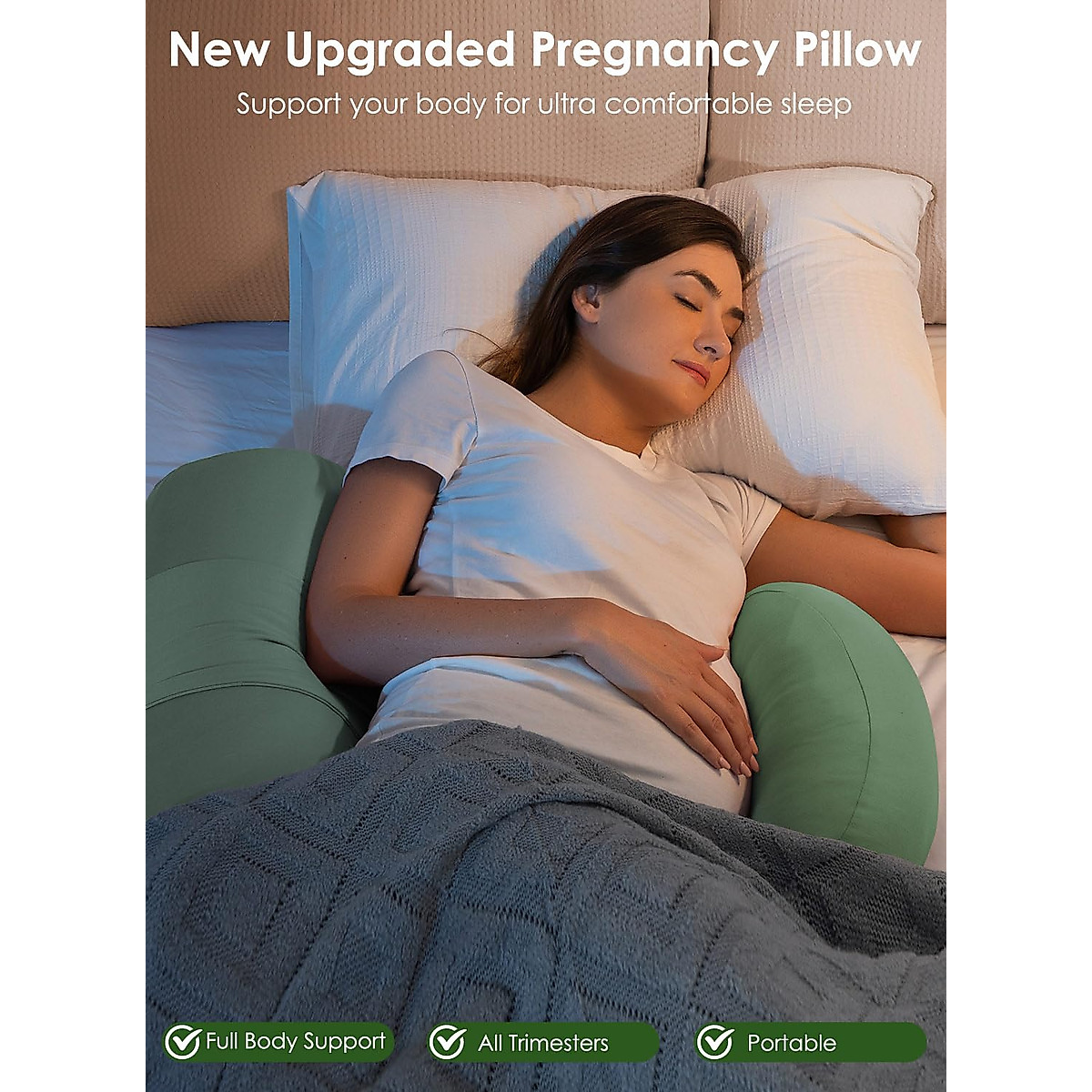 QUEEN ROSE Pregnancy Pillows, Cooling Body Pillow for Pregnancy Sleeping, F Shaped Maternity Pillow for Pregnant Women, Back & Belly Support, Pregnancy Must Haves, Green