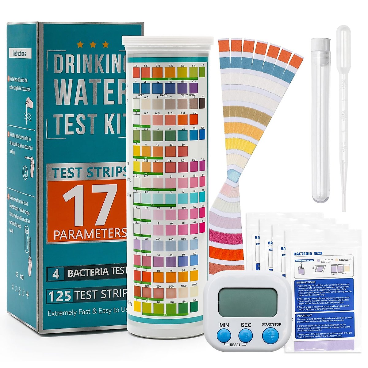 Anglekai 125+8P Drinking Water Testing Kit for Home, Water Testing Kit with 125P Testing Strips/ 4P Bacteria Tests/Tube/Dropper/Timer/Instruction, Well Water Test Kit for Home Water Quality Test