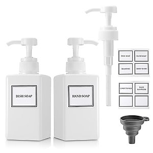 15oz Pump Dispenser for Bathroom, INSFIT Refillable Plastic Pump Bottles, Dish Soap Dispenser for Kitchen Sink, Hand Soap Dispenser, Laundry Detergent Dispenser with Waterproof Labels, 2 Pack White
