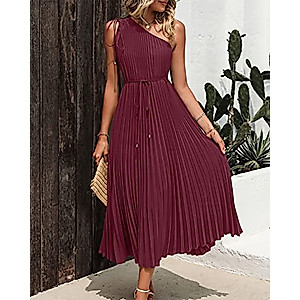BTFBM Women's Drawstring One Shoulder Maxi Dresses Summer Sleeveless Tie Waist Pleated Long Flowy Party Cocktail Dress(Solid Wine Red, Medium)