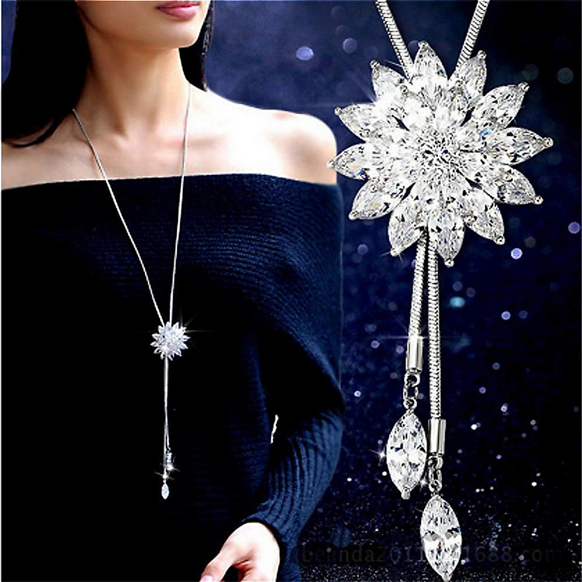 Cathercing Rhinestone Lotus Floral Pendant Long Necklace for Women Sweater Chain Statement Necklace Choker Adjustable Elegant Jewelry Accessories Dressy Collocation Winter Evening Party Wedding