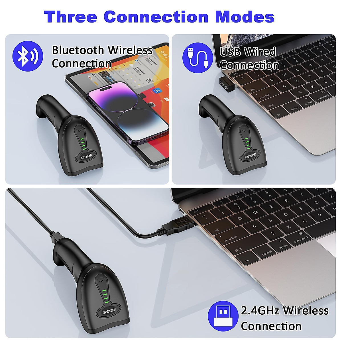 Bluetooth Wireless Barcode Scanner Versatile 3-in-1 (2.4Ghz Bluetooth6.0 Wireless+USB 2.0 Wired) Rechargeable symcode 1D Laser Barcode Reader USB Handheld Bar Code Scanner Wireless Barcode Reader