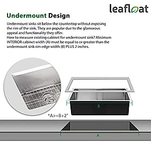 leafloat 25-inch Undermount Kitchen Sink, 25"x18"x10", Single Bowl, 18 Gauge T304 Stainless Steel, Satin Finish, with Strainer & Bottom Grid, cUPC listed