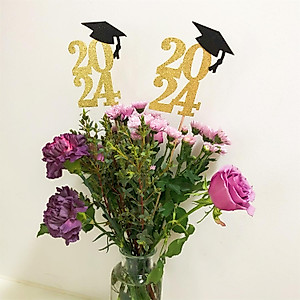 ALISSAR 10 Pack Glitter Gold Double Sided 2024 Graduation Party Centerpiece Sticks Glitter Table Topper Party Supplies (2024 Cardstock, gold)