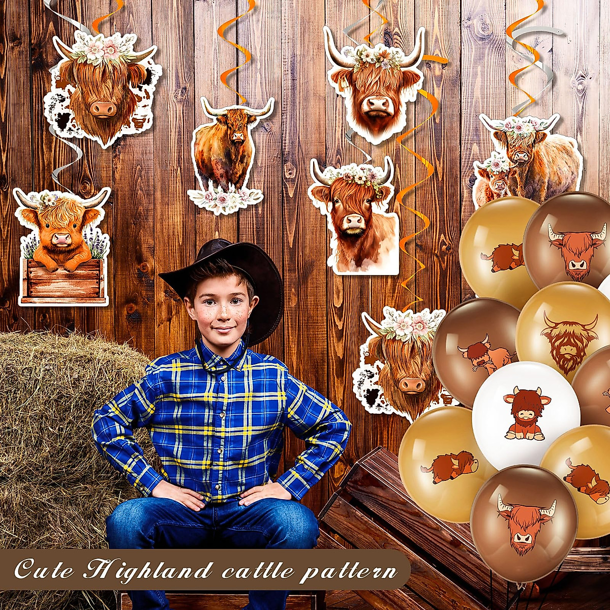 Libima 99 Pieces Highland Cow Birthday Decorations Include 25 Highland Cow Cake Toppers 50 Pcs 12 Inch Cattle Latex Balloons and 24 Highland Cow Hanging Swirls for Highland Cow Cattle Birthday Party