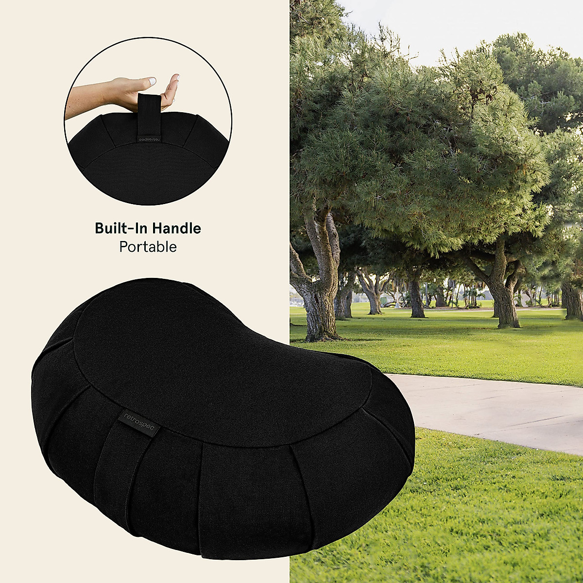 Retrospec Sedona Zafu Meditation Cushion Filled w/Buckwheat Hulls - Yoga Pillow for Meditation Practices - Machine Washable 100% Cotton Cover & Durable Carry Handle, Crescent, Black