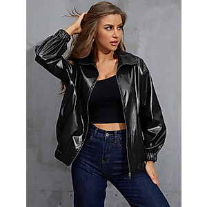 PITINAN Womens Leather Jacket Black Bomber Jacket Women 2023 Fall Faux Leather Jacket Leather Coat for Women Relaxed-fit Windproof Womens Motorcycle Jacket Black XXL