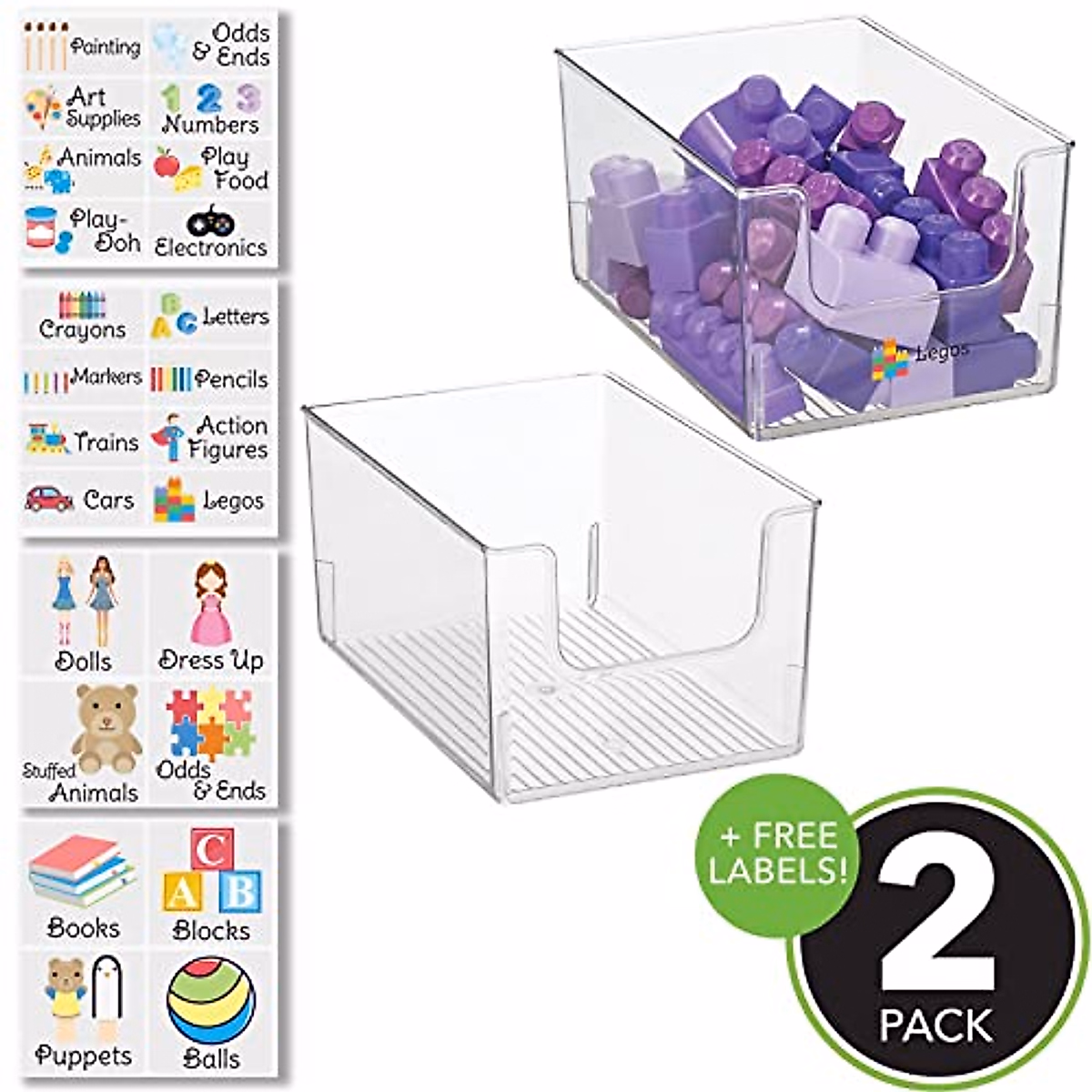 mDesign Plastic Slim Open Front Toy Storage Organizer Bin for Playroom, Nursery, Kids Closets; Holds Action Figures, Crayons, Building Blocks, Puzzles - Ligne Collection - 2 Pack + 24 Labels - Clear