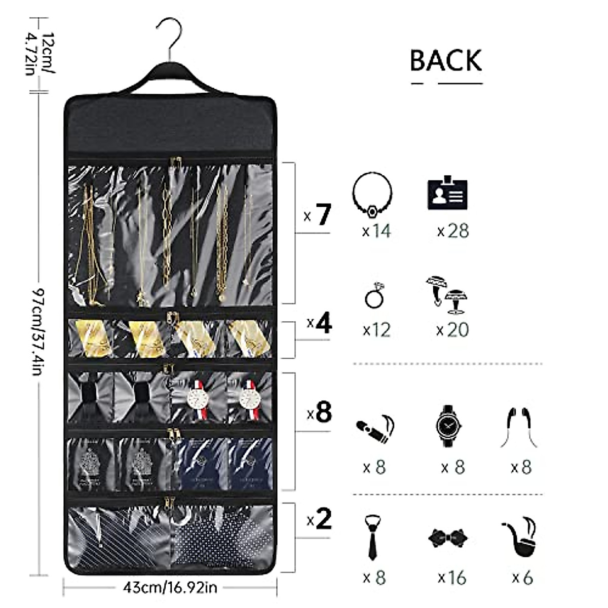 SMRITI Hanging Jewelry Organizer with Dual Zippered Pockets Canvas Double Sided Rotating Hanger Necklace Hanging Wall Organizer Earring Dustproof Holder Wall Mount Accessories Display Bag(Dark Grey)