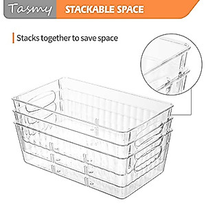 Tasmy Clear Plastic Pantry Organization and Food Storage Bin, Stackable Storage Box with Handle for Refrigerator, Kitchen, Countertops, Cupboard and Freezer Organization, BPA Free, Medium - Set of 6
