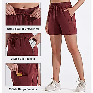 MASKERT Women's Hiking Cargo Shorts Quick Dry Athletic Golf Shorts 5 Inches Lightweight Running Summer Casual Shorts with Pockets, Ruby Wine L