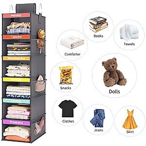 Fixwal 6-Shelf Weekly Clothes Organizer for Kids, Kids Daily Shelf Hanging Closet Organizer with 6 Side Pockets, Days of The Week Hanging Storage Shelves (Dark Grey)