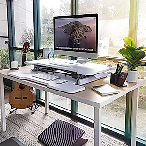 Mount-It! Height Adjustable Stand Up Desk Converter, 38” Wide Tabletop Standing Desk Riser with Gas Spring Desktop Standing Desk with Keyboard Tray Fits Two Monitors, White