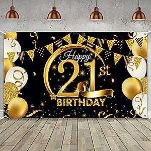Birthday Party Decoration Extra Large Fabric Black Gold Sign Poster for Anniversary Photo Booth Backdrop Background Banner, Birthday Party Supplies, 72.8 x 43.3 Inch (21st)